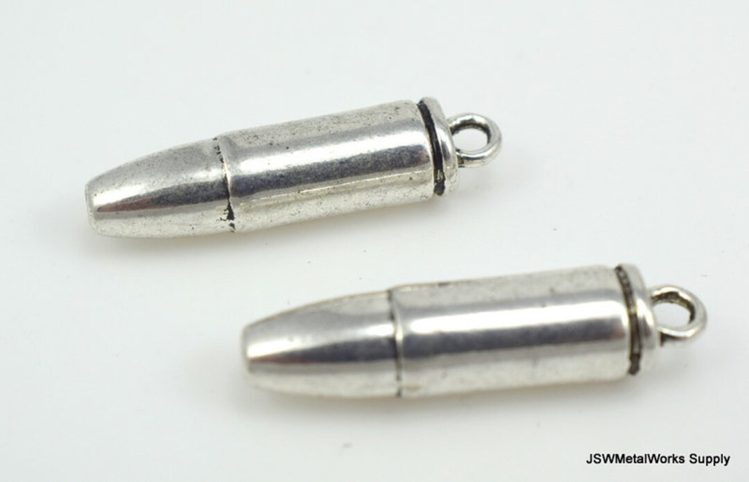 33mm Pewter Bullet Pendant, Large Antiqued Silver Bullet Charm, Silver ...