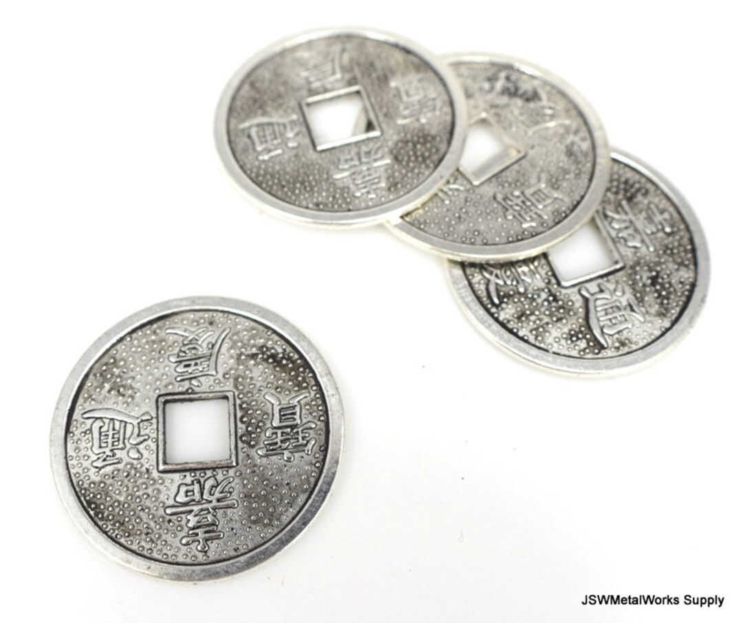 4 Large Antiqued Silver Chinese Coin Pendant, Round Pewter Lucky Coin ...
