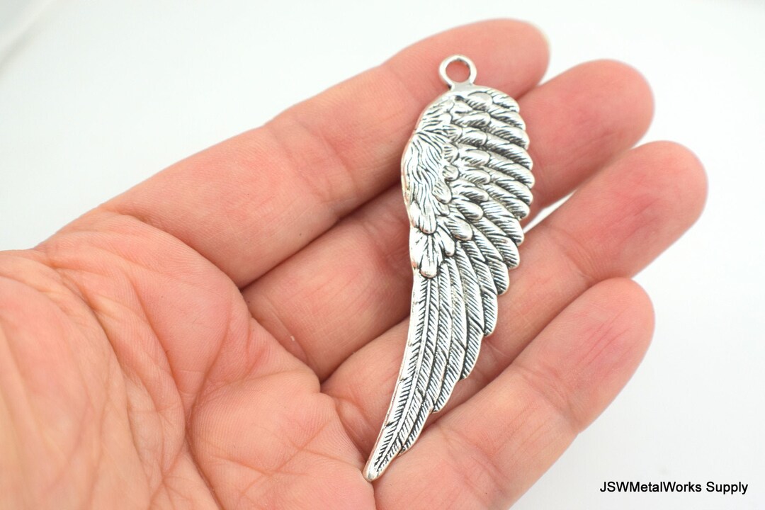 Large Pewter Wing Pendants, Antiqued Silver Steampunk Feather Guardian ...