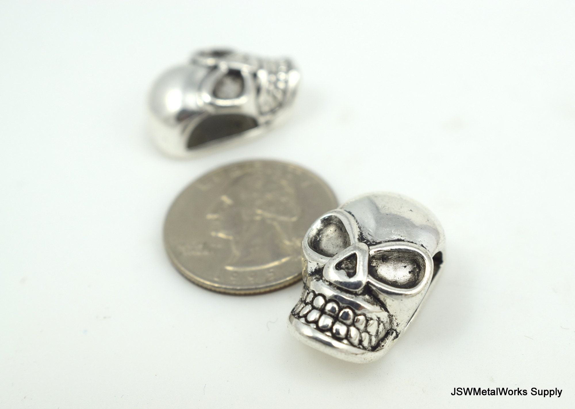 One (1) Large Silver Pewter Skull Focal Bead Pendant, Skeleton Head ...