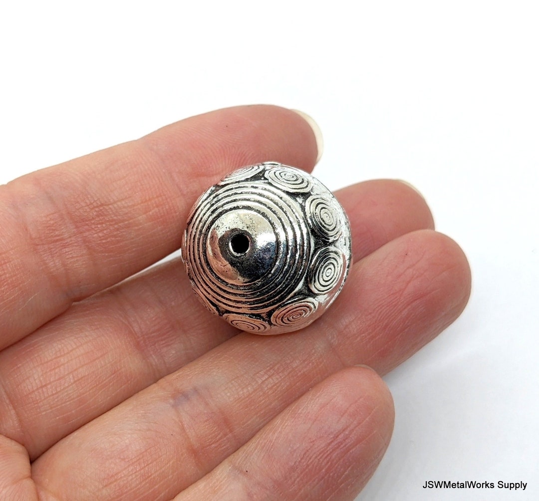 2 Large Pewter Focal Decorative Round Beads, Ornate Large Antiqued ...