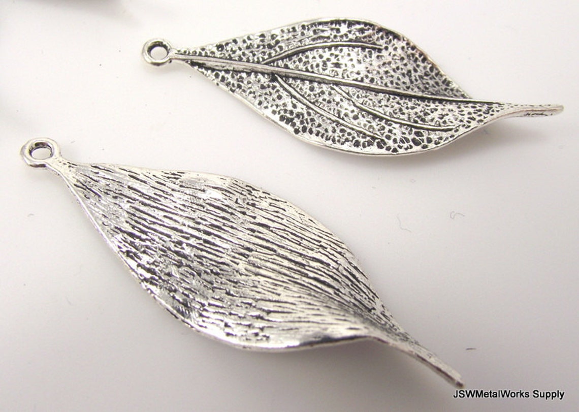 49mm Long Pewter Leaf Pendant, Large Leaf Charm, Antiqued Silver Leaf ...