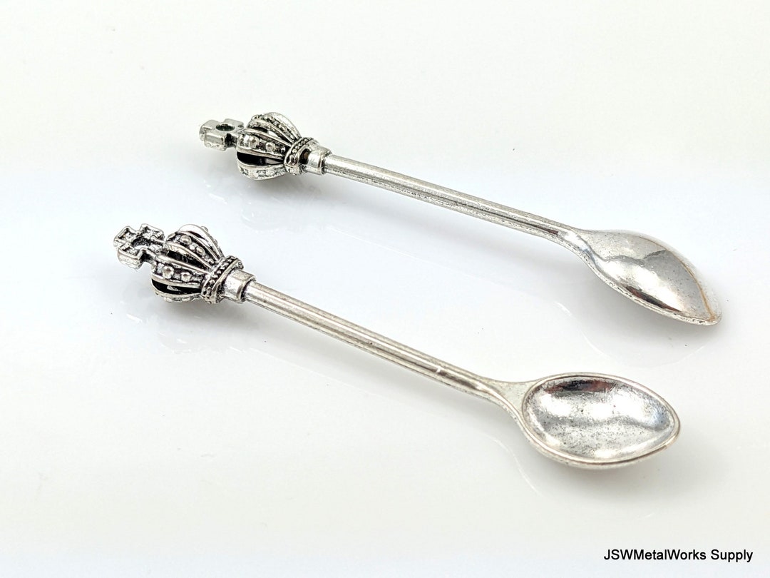 Antique Silver Pewter Crown Spoon Pendant Charm, 5 Silver Spoon With 3D ...