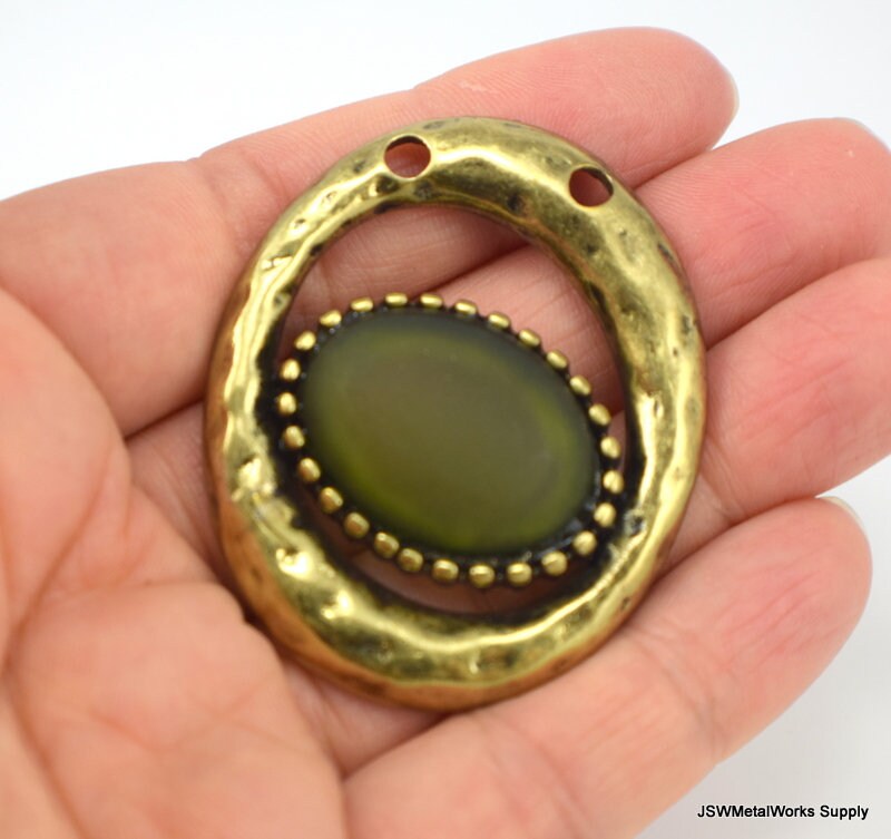 Olive Green Oval Pendant Large Gold Focal Gold Oval Green - Etsy