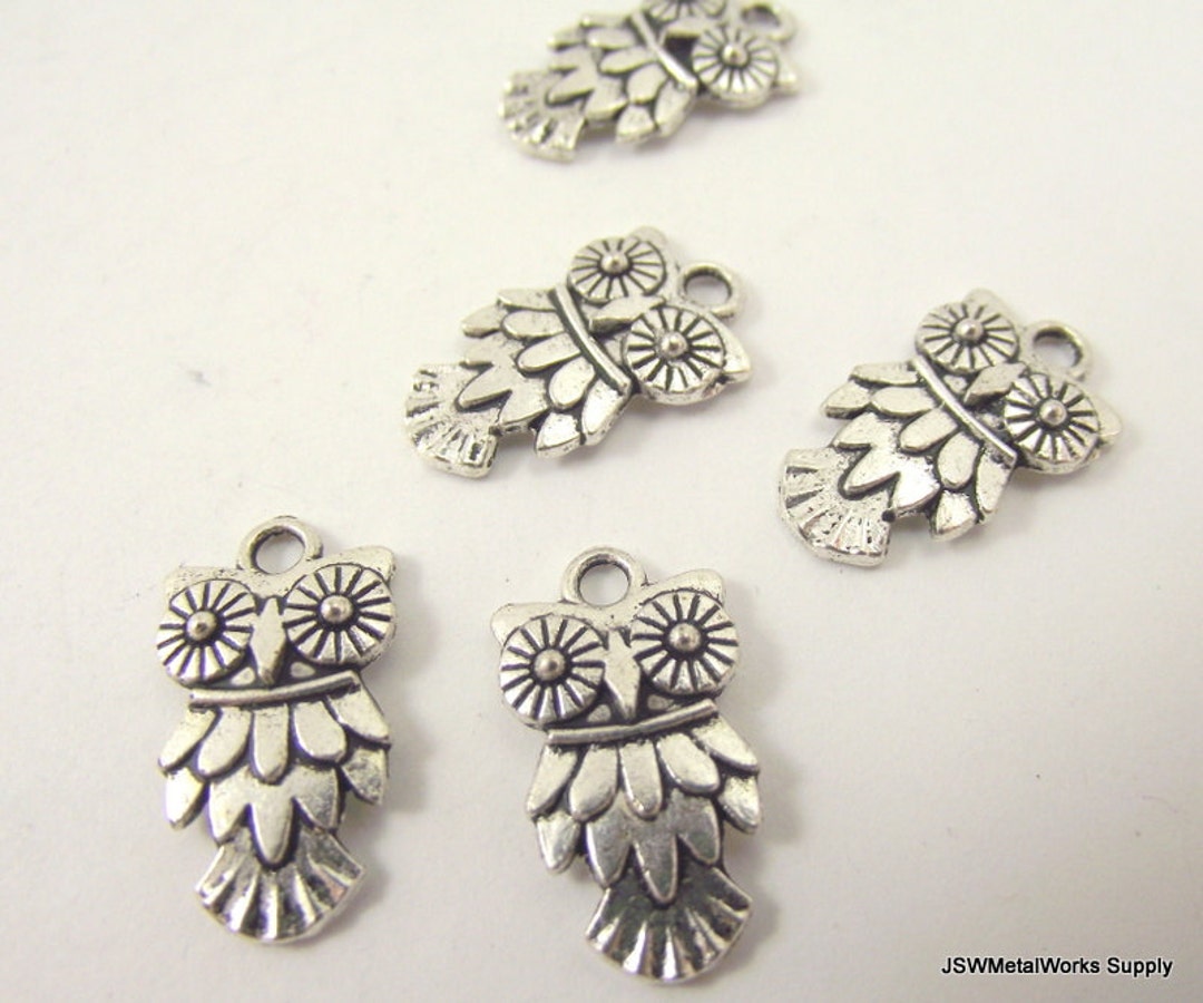 10 Small Silver Pewter Owl Charms, Silver Woodland Bird Charms ...