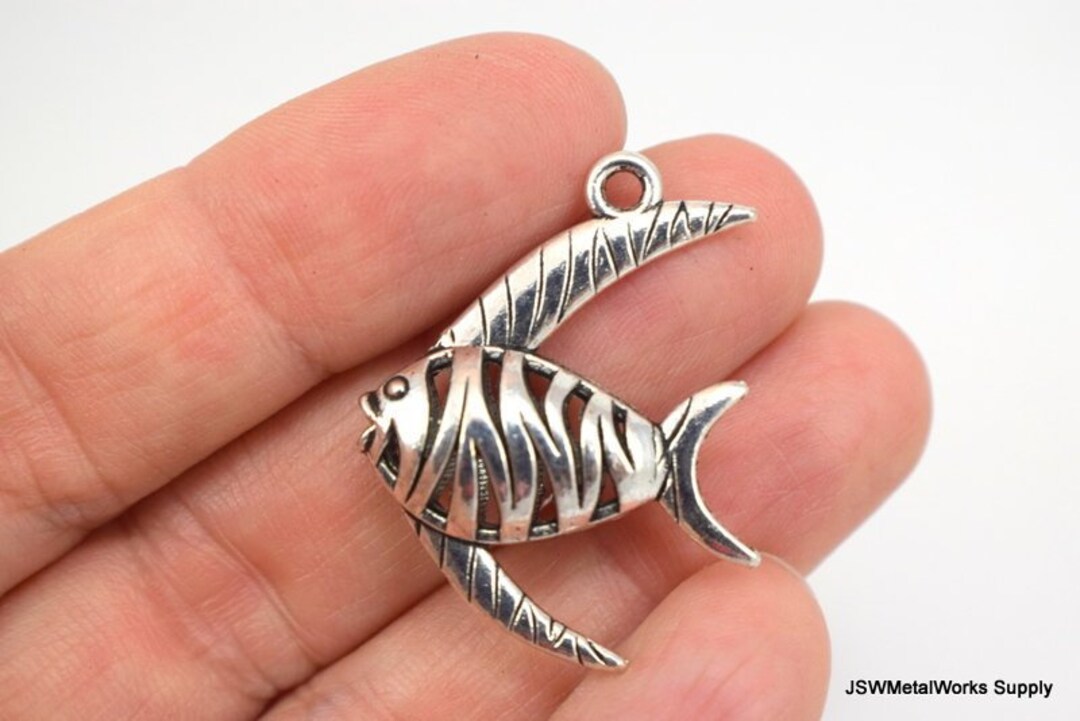 Detailed Puffed Fish Pewter Charm, Antiqued Silver Fish Pendant, Large ...