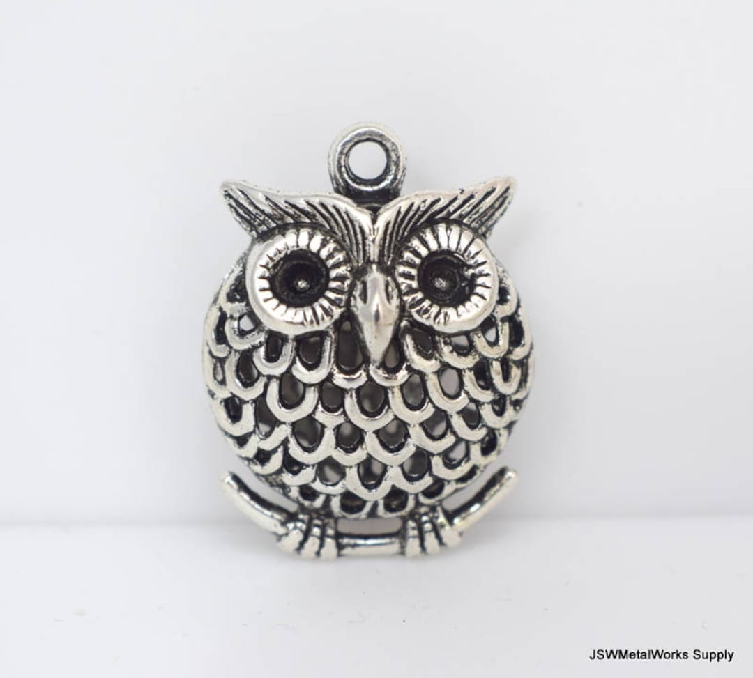 Large Puffed Round Pewter Owl Pendant, Large Owl Charms, Pewter Bird ...
