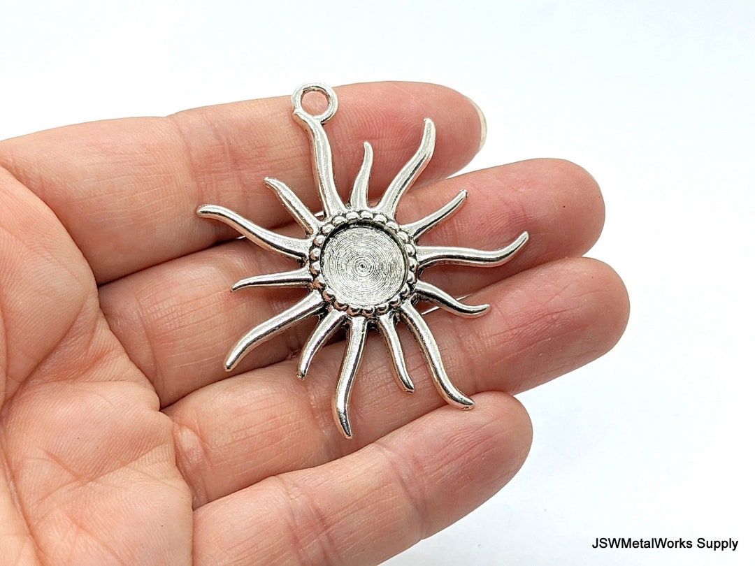 Large Pewter Silver Sun Focal Pendant, Antiqued Silver Sun Charms ...