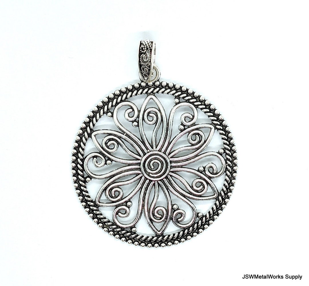 1 Large Round Pewter Filigree Pendant, Large Round Antiqued Silver ...