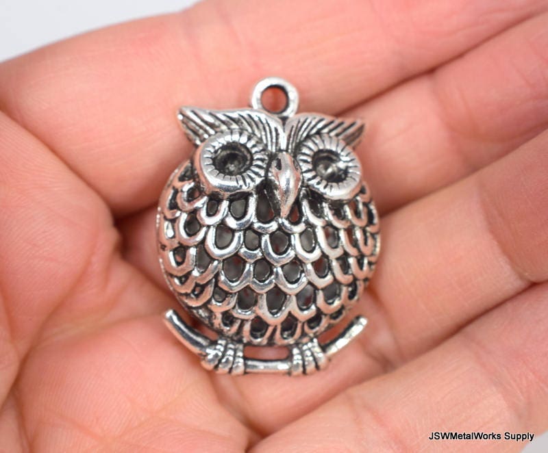 Large Puffed Round Pewter Owl Pendant Large Owl Charms | Etsy