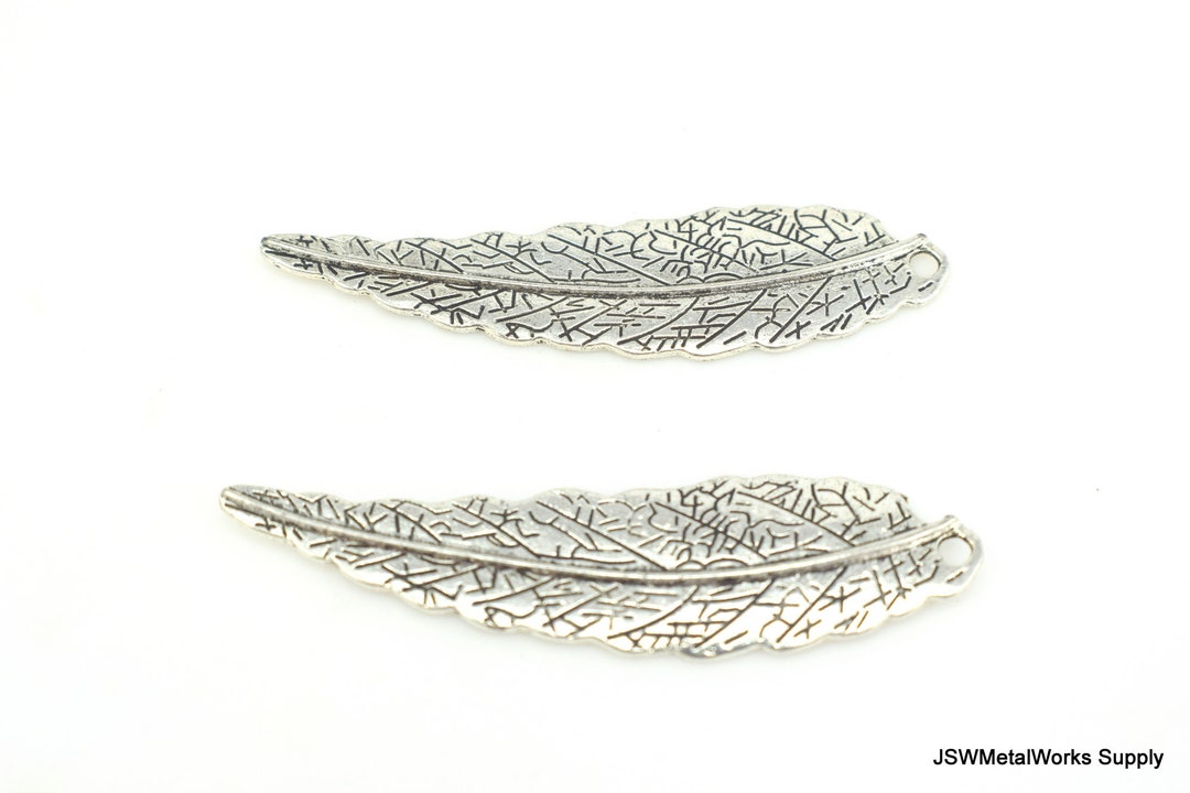10 Large Pewter Leaf Pendant, 59mm X 16mm Detailed Antiqued Silver ...