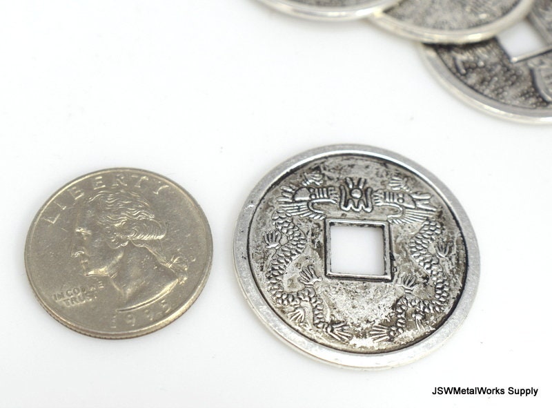 4 Large Antiqued Silver Chinese Coin Pendant Round Pewter - Etsy