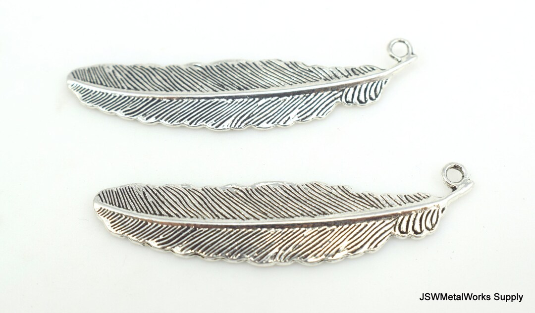 10 Large Pewter Feather Pendant, 51mm X 12mm Detailed Antiqued Silver ...