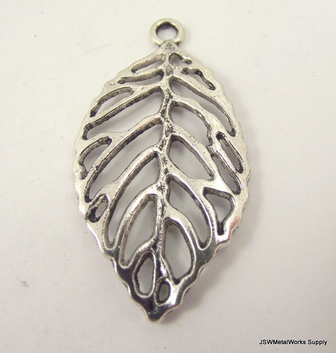 Large Pewter Leaf Skeleton Pendant, Antiqued Silver Focal Leaf Outline ...