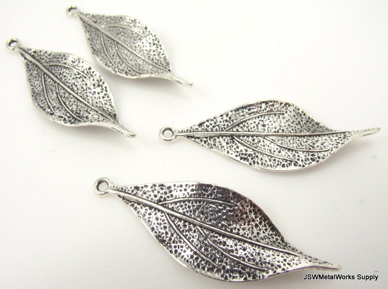 49mm Long Pewter Leaf Pendant, Large Leaf Charm, Antiqued Silver Leaf ...
