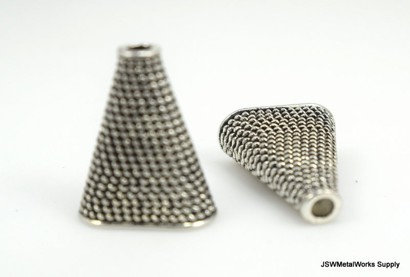 2 Large Antiqued Silver Pewter Rope Bead Cones, Ornate Rope Antiqued ...