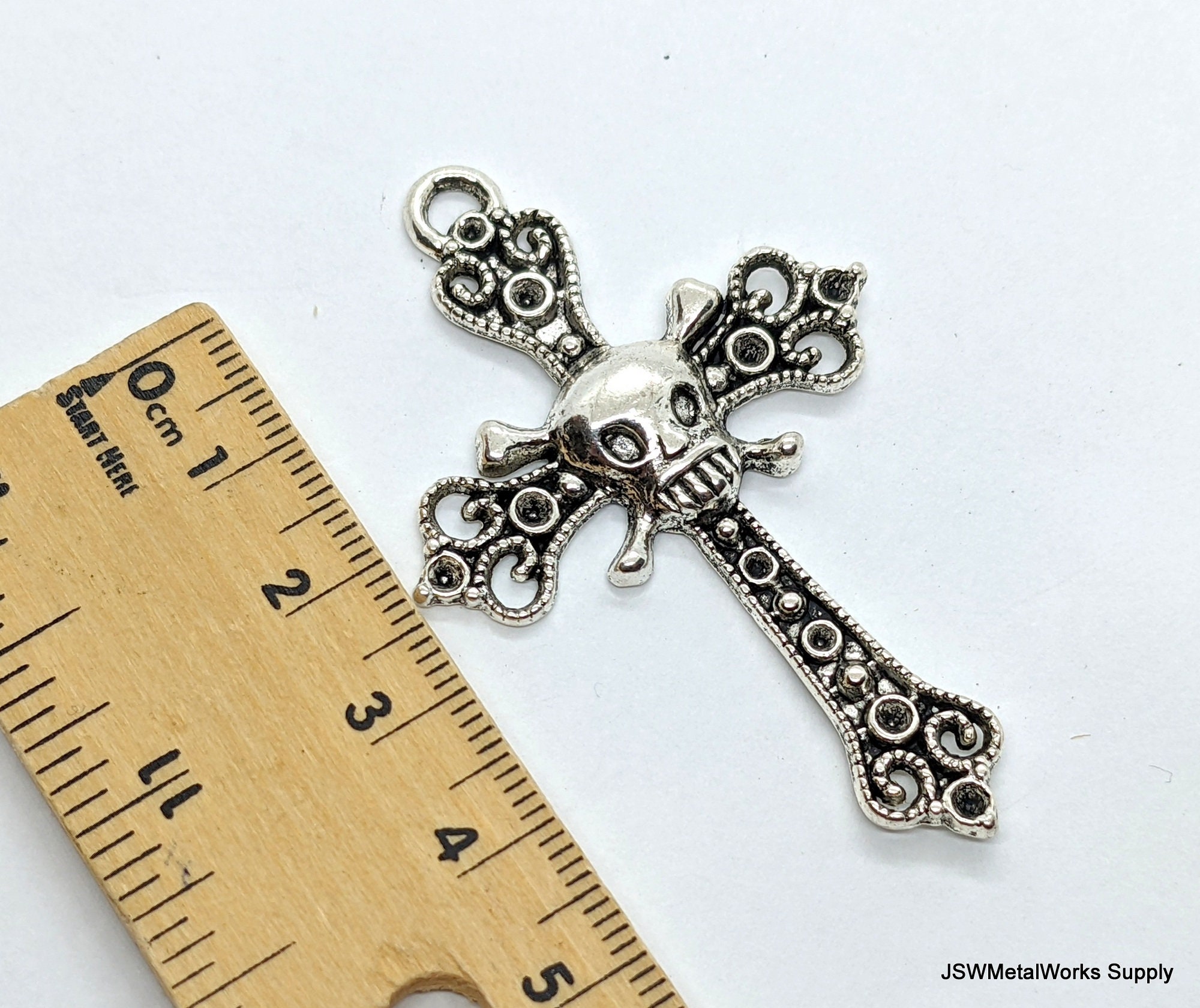Pewter Filigree Skull and Crossbones Skull Cross Pendant, 58mm Antiqued ...