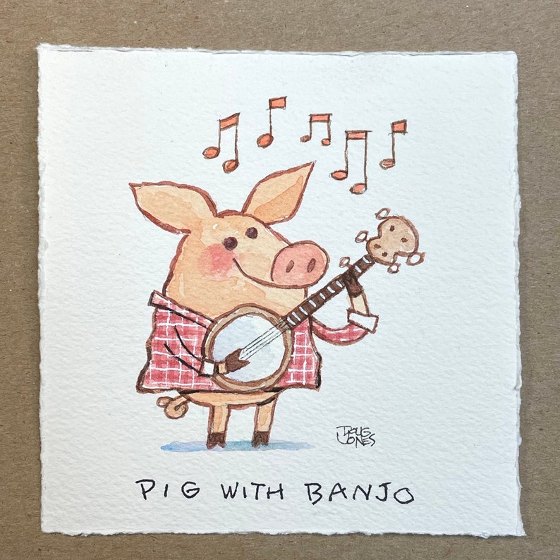 Banjo Pig - Original Watercolor Painting Fun, Whimsical, Colorful, for ...