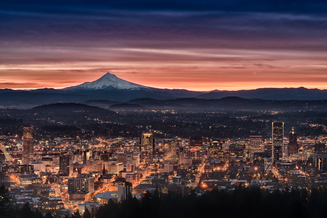 Portland Sunrise From Pittock Mansion With Mt Hood and the Lights of ...