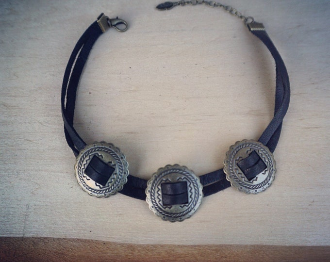 Black Genuine Leather Brass Metal Concho Choker Boho Bohemian Gypsy ...