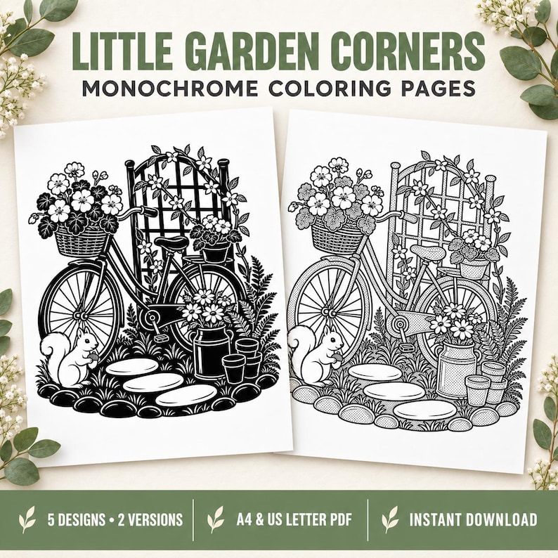 Little Garden Corners Coloring Pages, Cozy Animals, Bold Monochrome ...