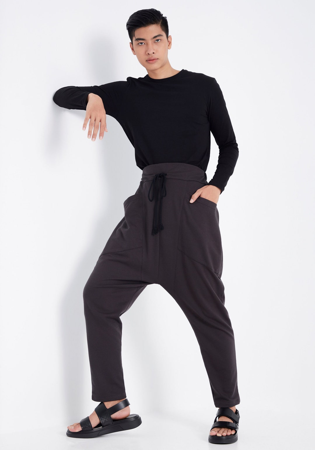 NO.320 Men’s Drawstring Drop Crotch Pants, Unisex Urban Trouser, Comfy ...