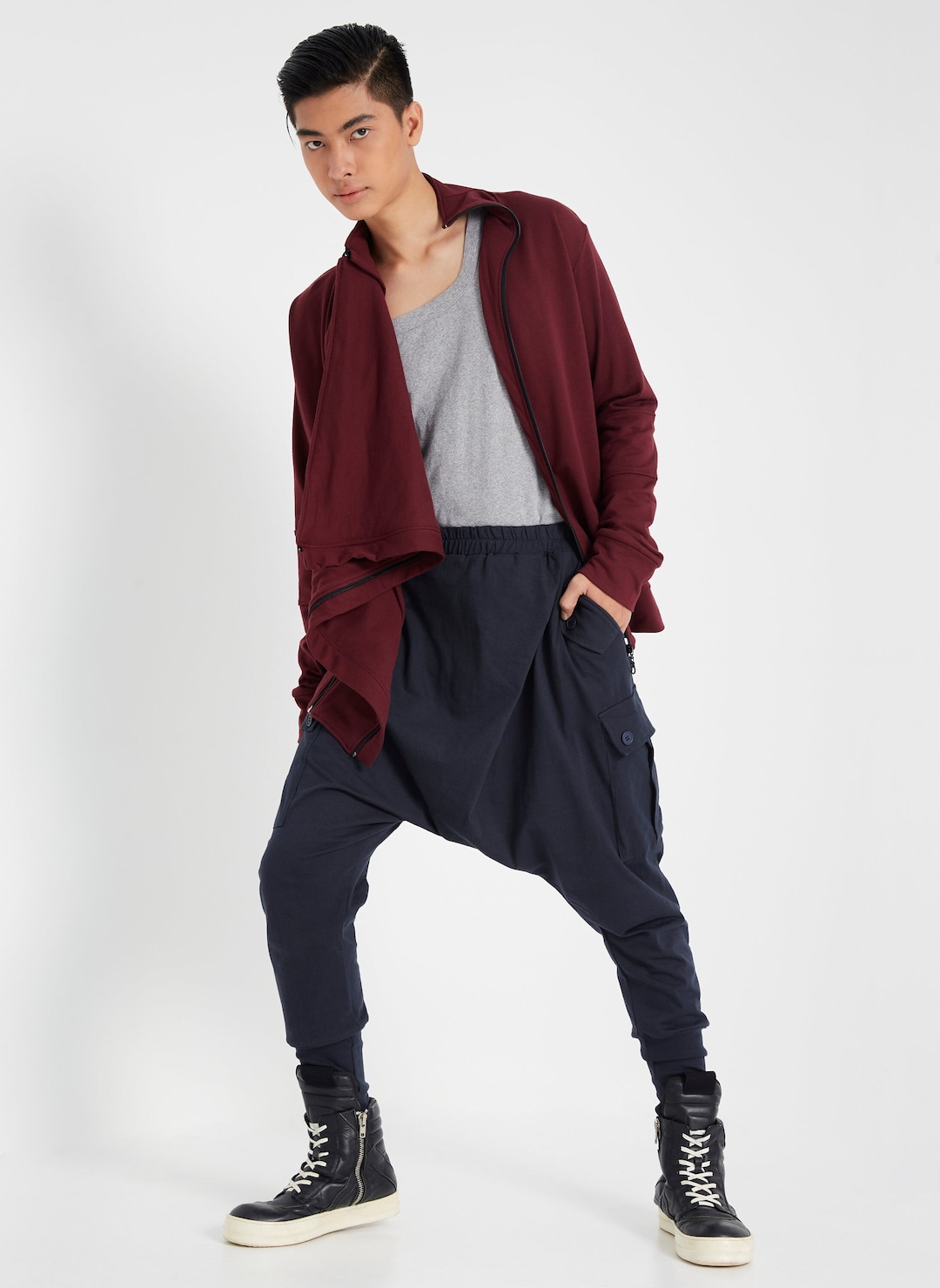 NO.315 Men’s Cross Front Drop Crotch Pants, Button Flap Pants, Harem ...