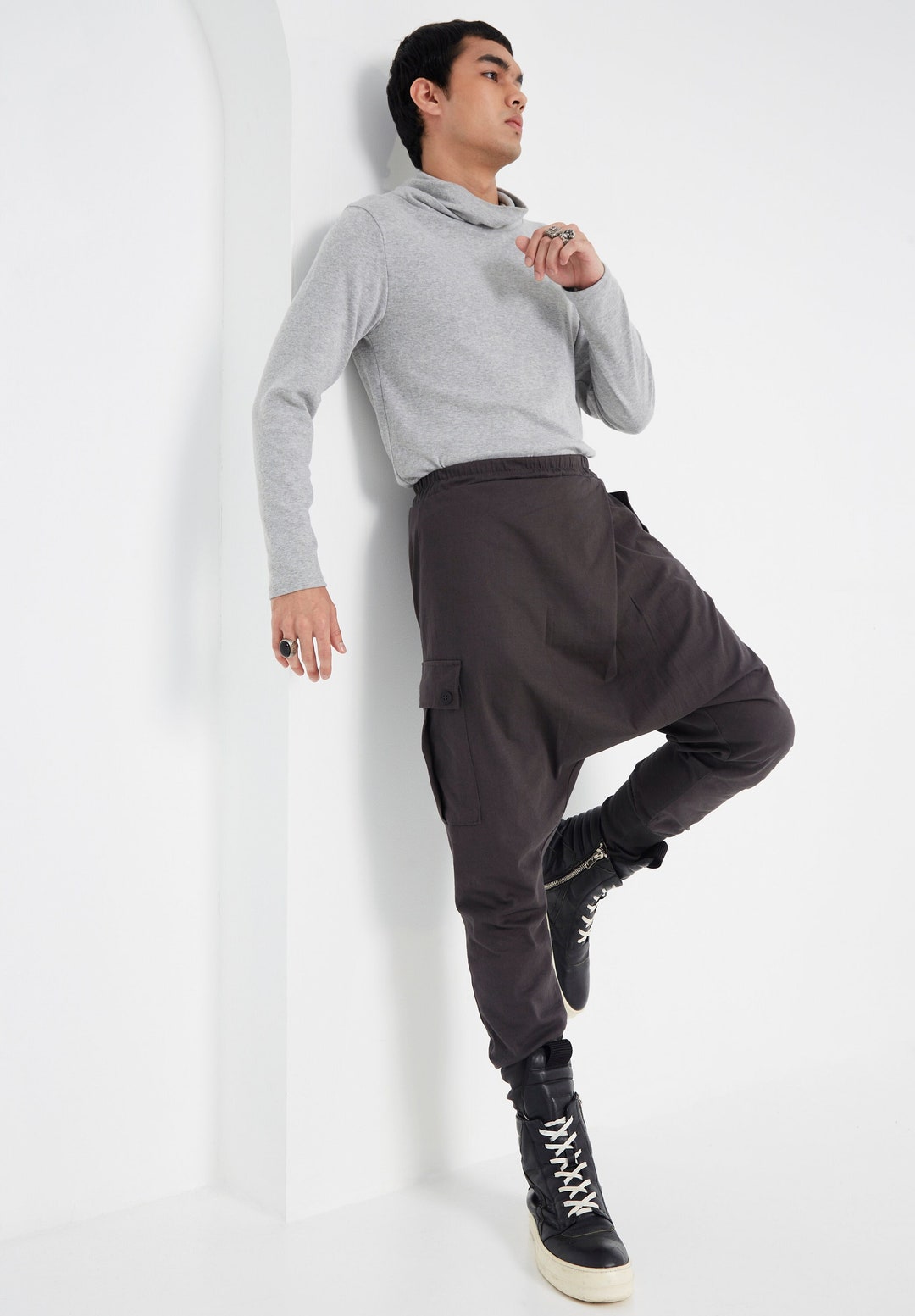 NO.315 Men’s Cross Front Drop Crotch Pants, Button Flap Pants, Harem ...