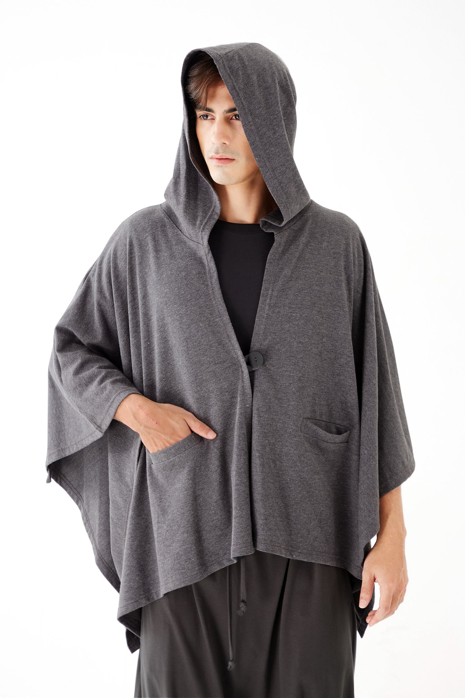 NO.163 Men's Button Front Hooded Poncho, Comfy Versatile Cape in ...
