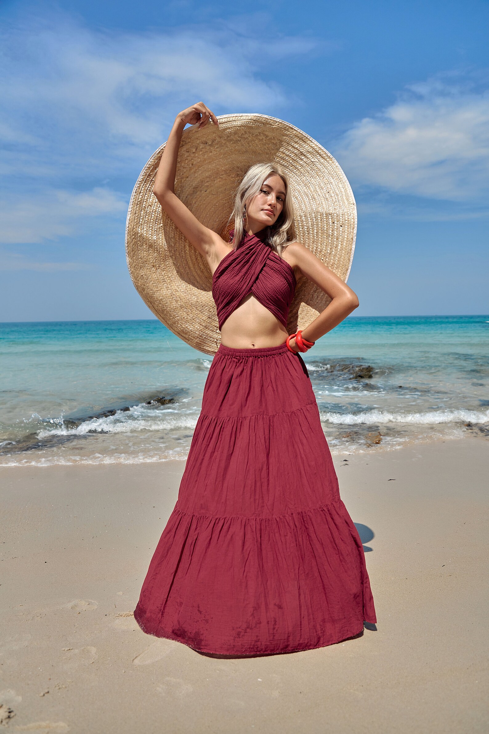 NO.5 Women's Hippie Gypsy Boho Tiered Peasant Long Maxi Skirt in Red - Etsy