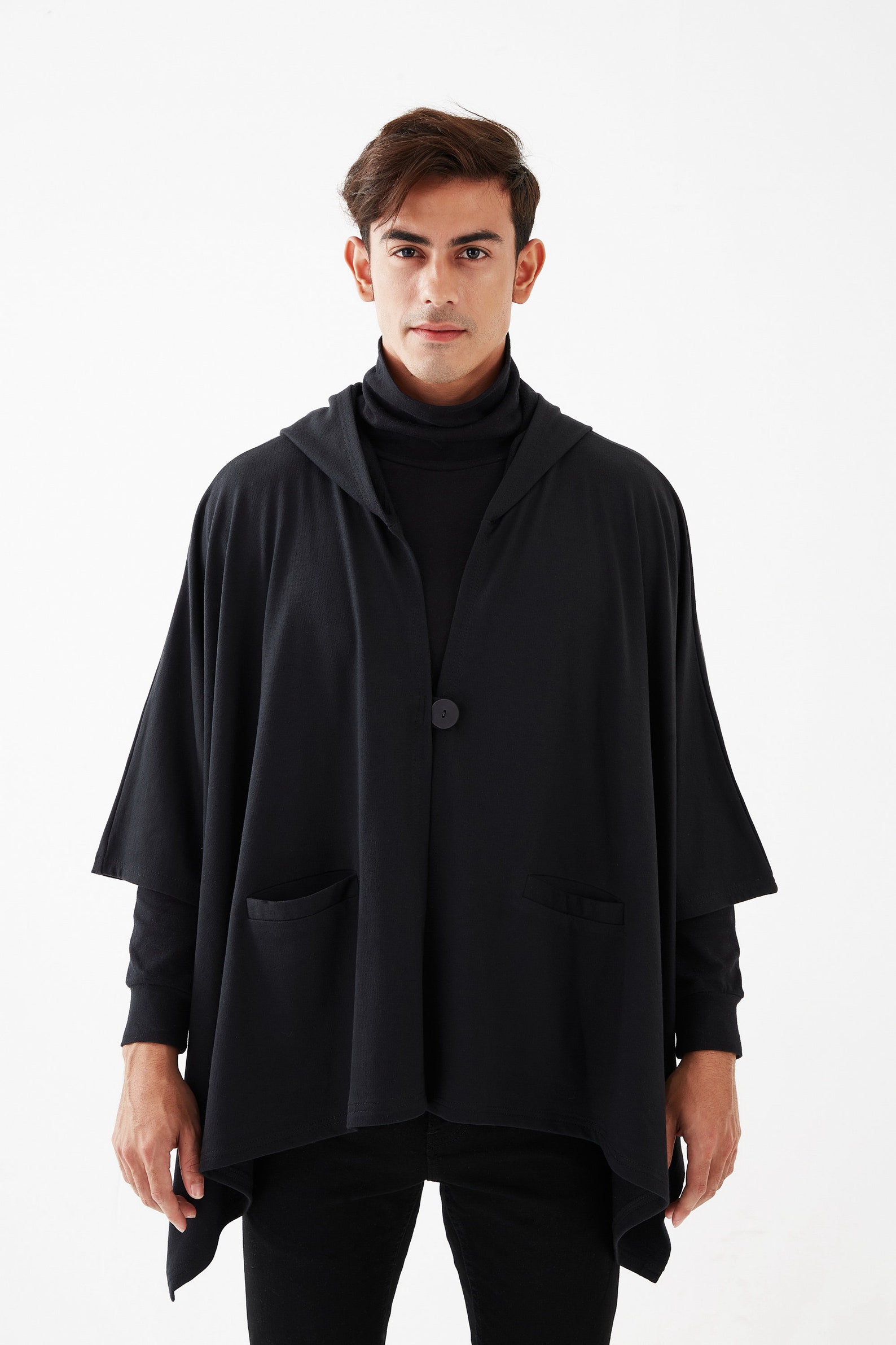 NO.163 Men's Button Front Hooded Poncho Black | Etsy