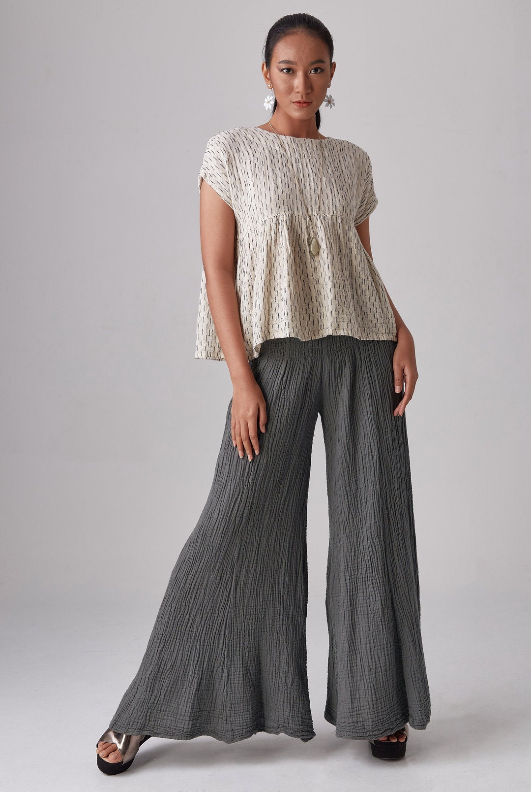 NO.290 Women's Smocked Waist Wide Leg Pants, Natural Fiber Flexible ...