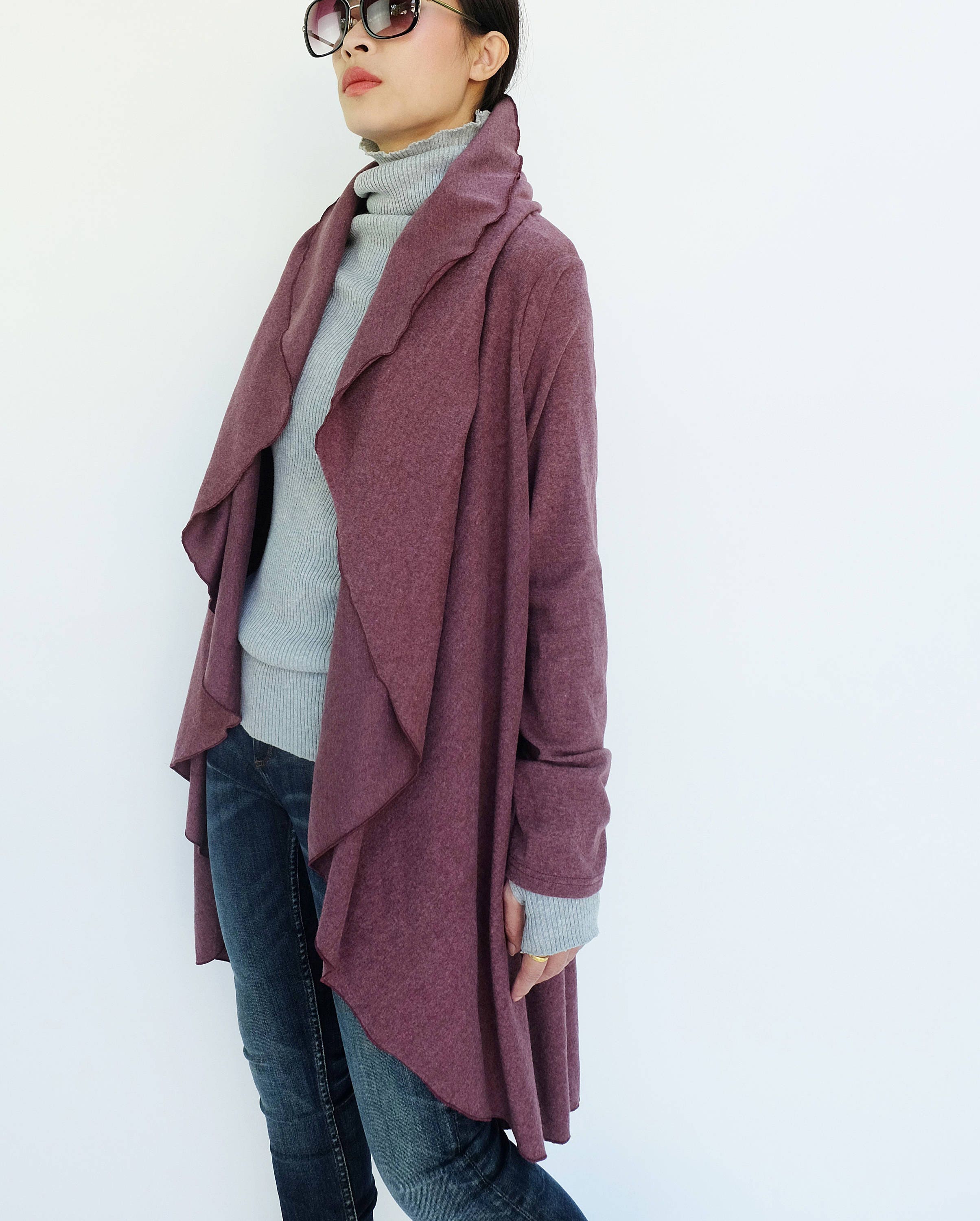 NO.228 Women's Waterfall Collar Long Sleeve Cardigan | Etsy