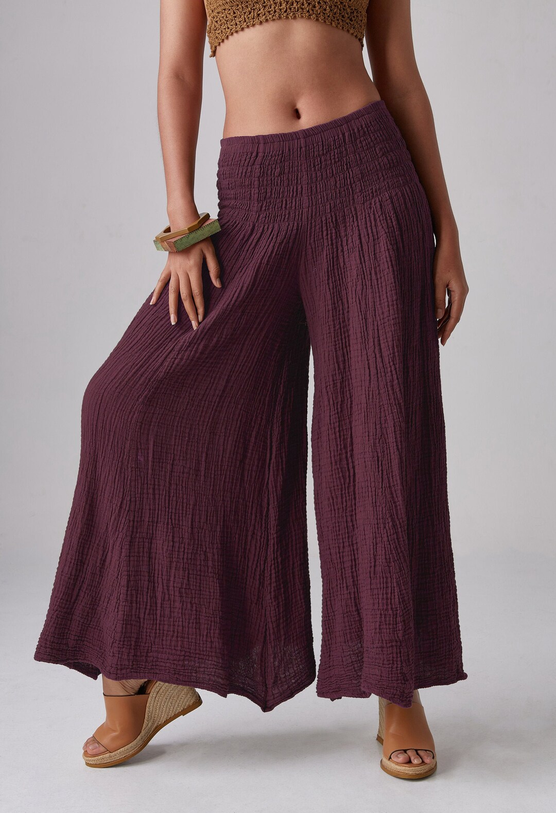 NO.290 Women's Smocked Waist Wide Leg Pants, Casual Yoga Natural Fiber ...