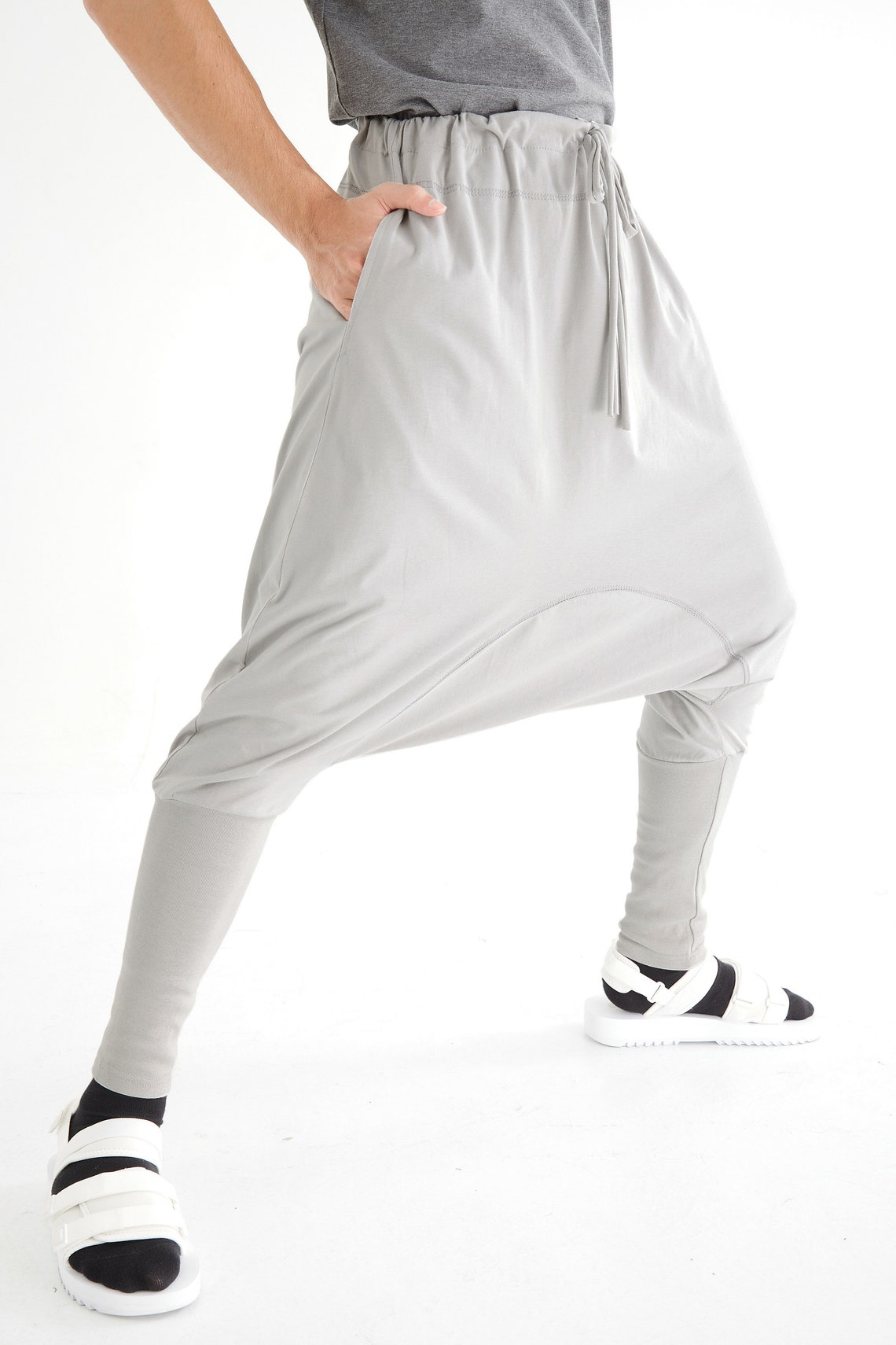 NO.58 Men's Drawstring Waist Low Crotch Harem Pants, Loose Harem ...