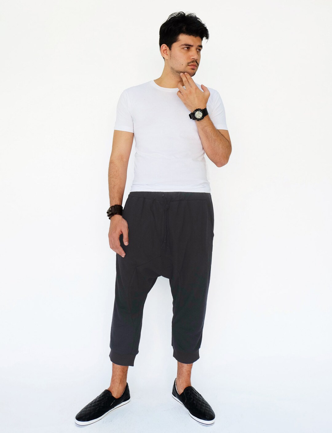 NO.191 Men's Cropped Drop Crotch Sweatpants, Harem Jogger Pants, Urban ...