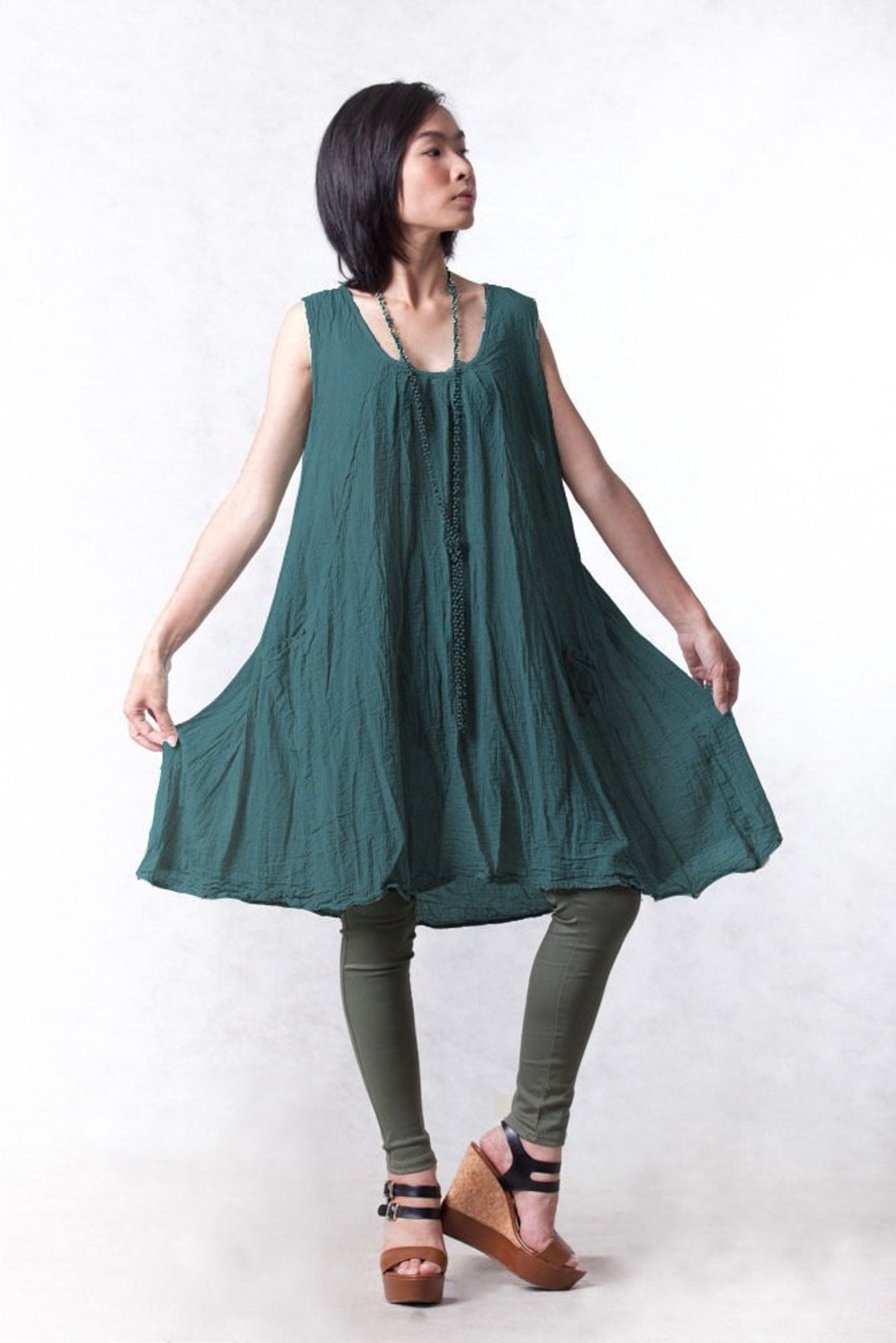 NO.19 Women's Sleeveless Pleated Front A-line Tunic Top, Natural Fiber ...