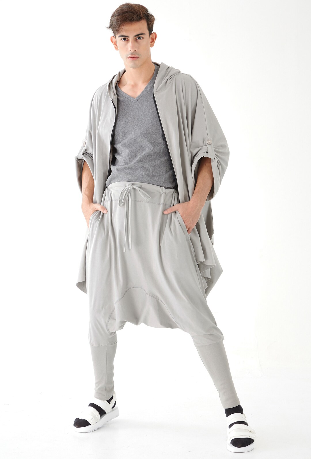 NO.58 Men's Drawstring Waist Low Crotch Harem Pants, Loose Harem ...