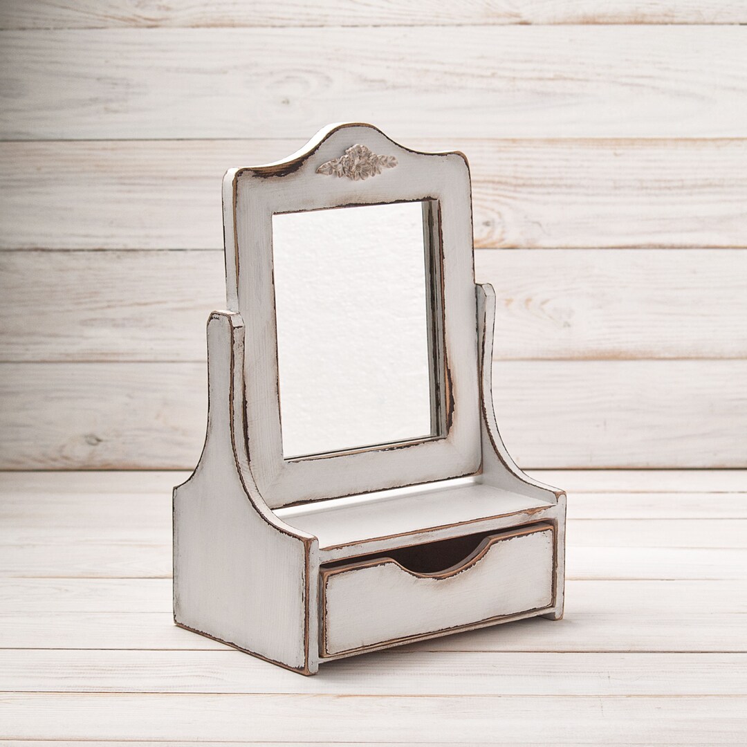 Vanity Mirror Tabletop Jewelry Box, Wooden Makeup Mirror With Drawer ...