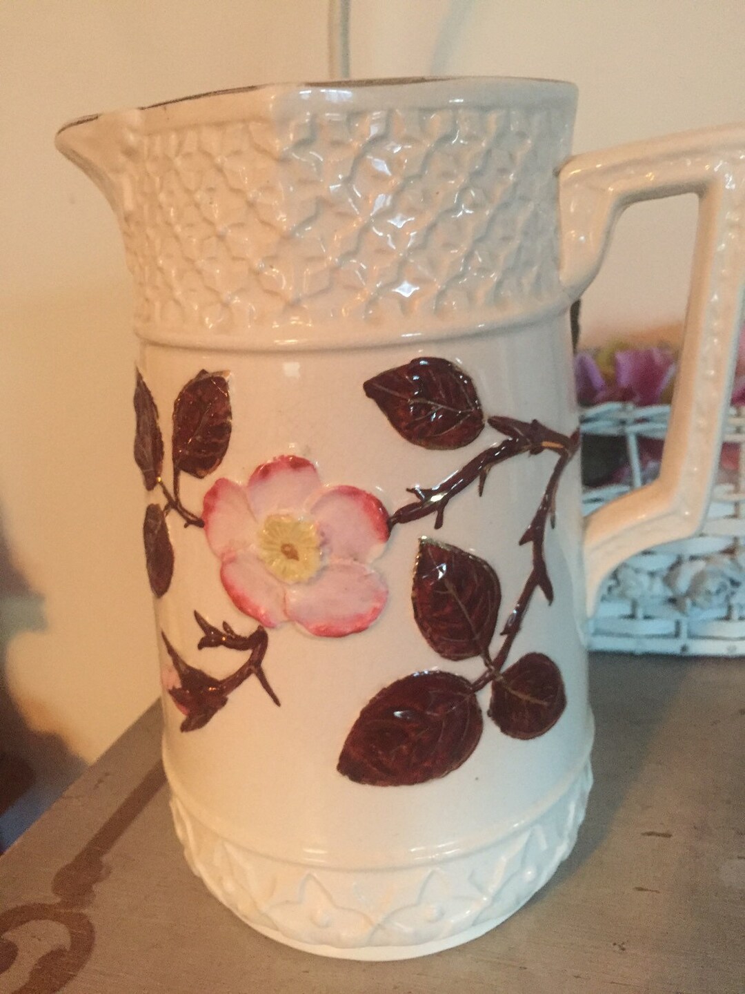 Antique Pitcher With Pink Wild Rose - Etsy