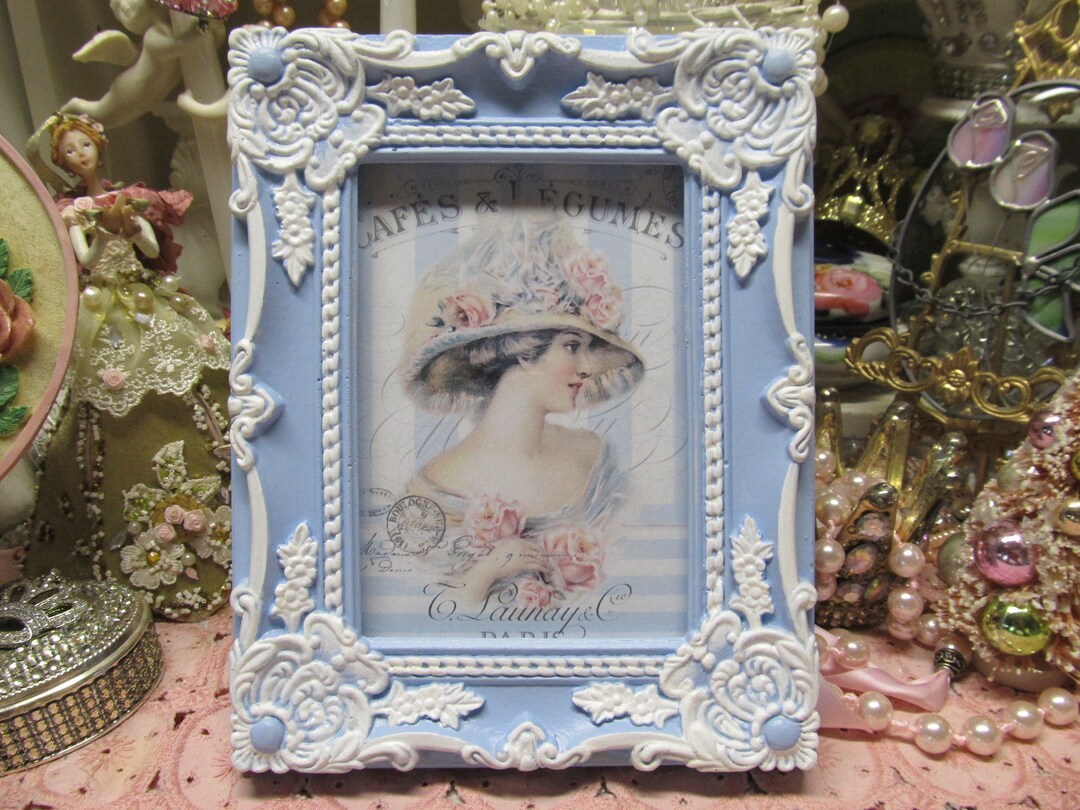 Pastel Blue & White Ornate PHOTO FRAME, Hand Molded, 5"x7"photo, Shabby ...