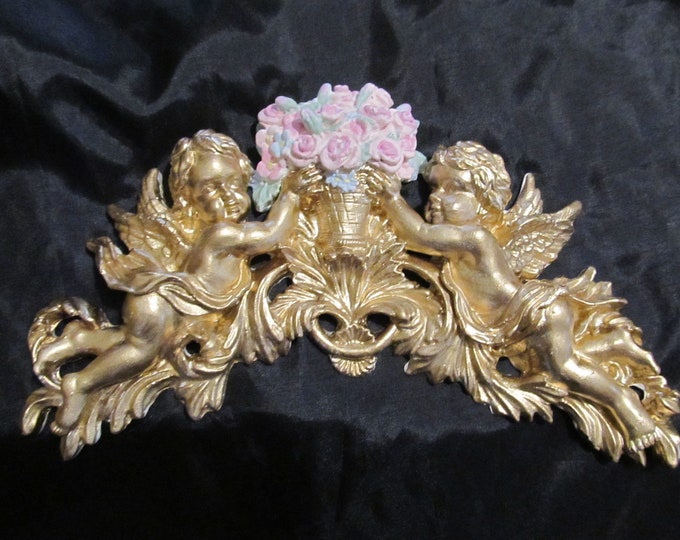 Gold CHERUB PEDIMENT With Pink Rose Basket, Hand Molded and Painted ...