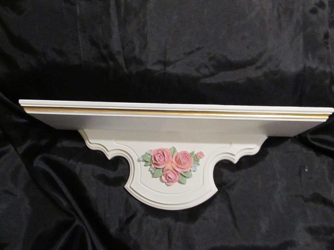 White Wall SHELF With Added Pink Molded Roses, 2 Way Use, Wood, Plate ...