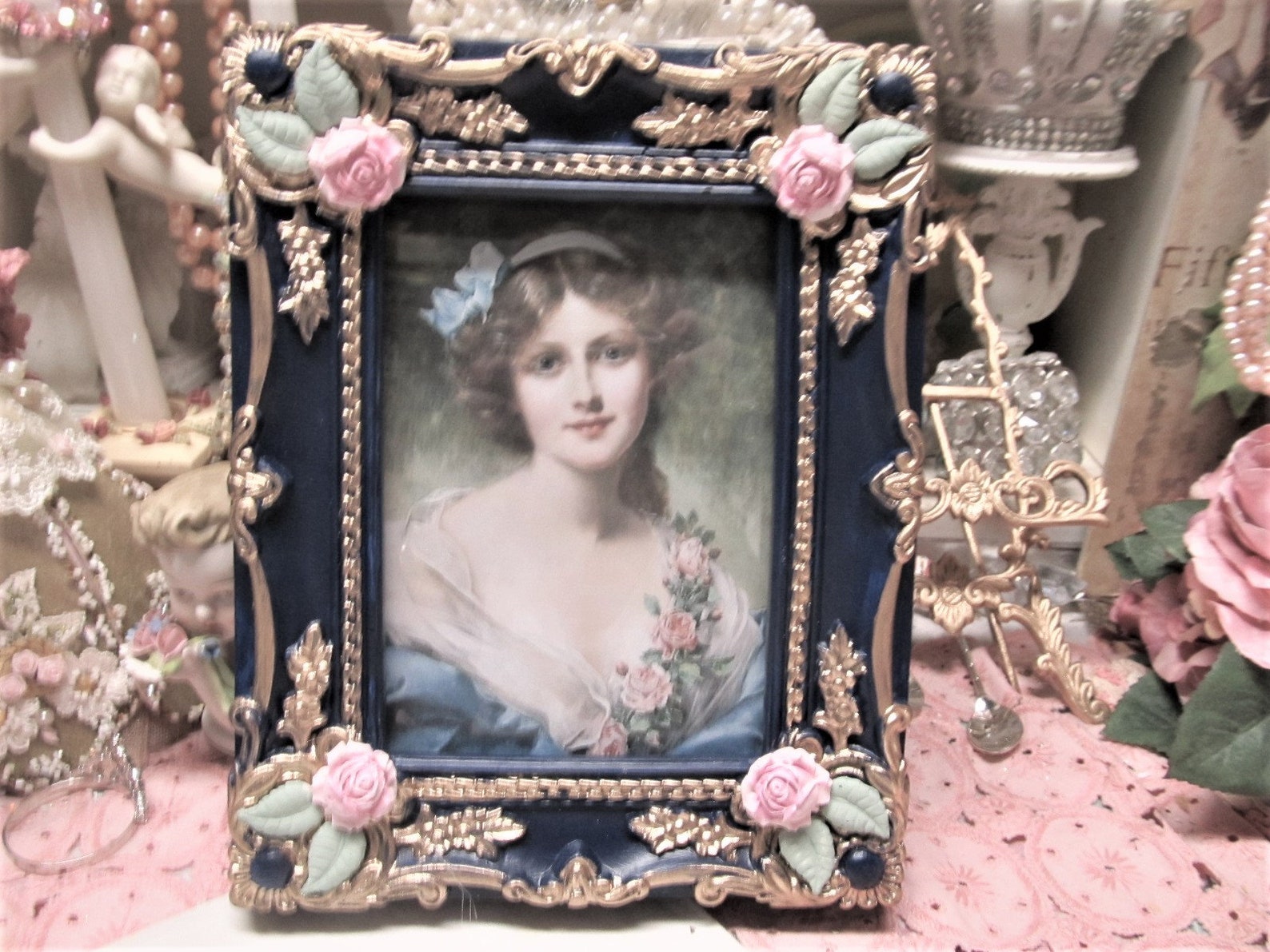 Navy Blue and Gold Ornate Photo Frame, 5x7 Photo, Hand Molded and Hand ...