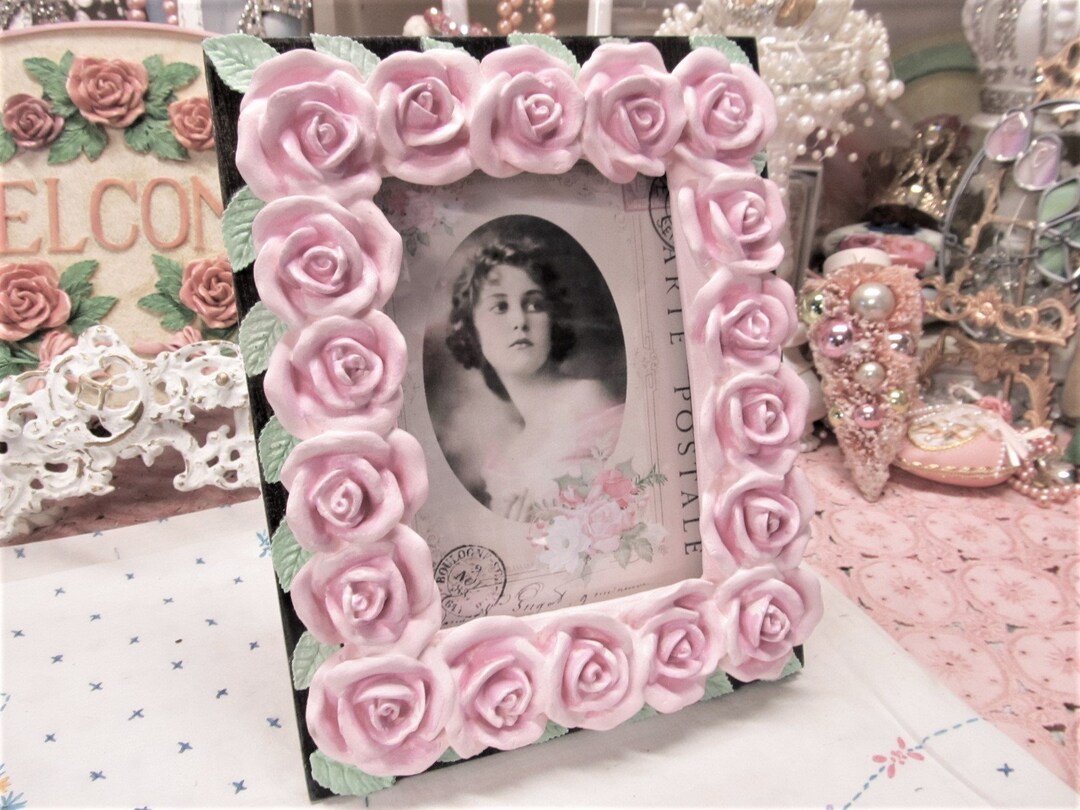 Pink Rose PHOTO FRAME, Hand Molded & Painted, Tabletop Frame, 5" X 7 ...