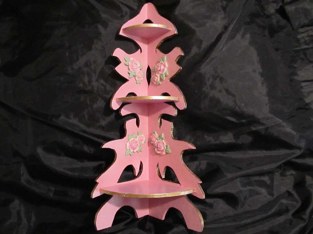 Vintage Wooden Corner WALL SHELF, Rose Pink, Added Roses, Gold Edge, 3 ...