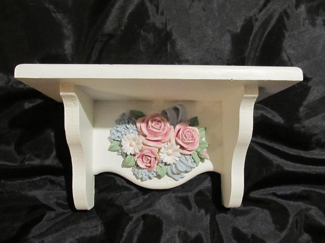 White WALL SHELF Wall Decor, Pink Molded Roses, Plate Groove, Thick ...