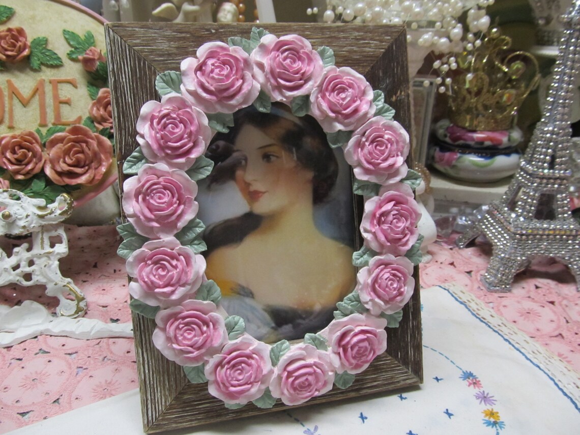 Rustic Wood PHOTO FRAME, Pink Rose Oval, 4x6, Tabletop, Hand Molded ...