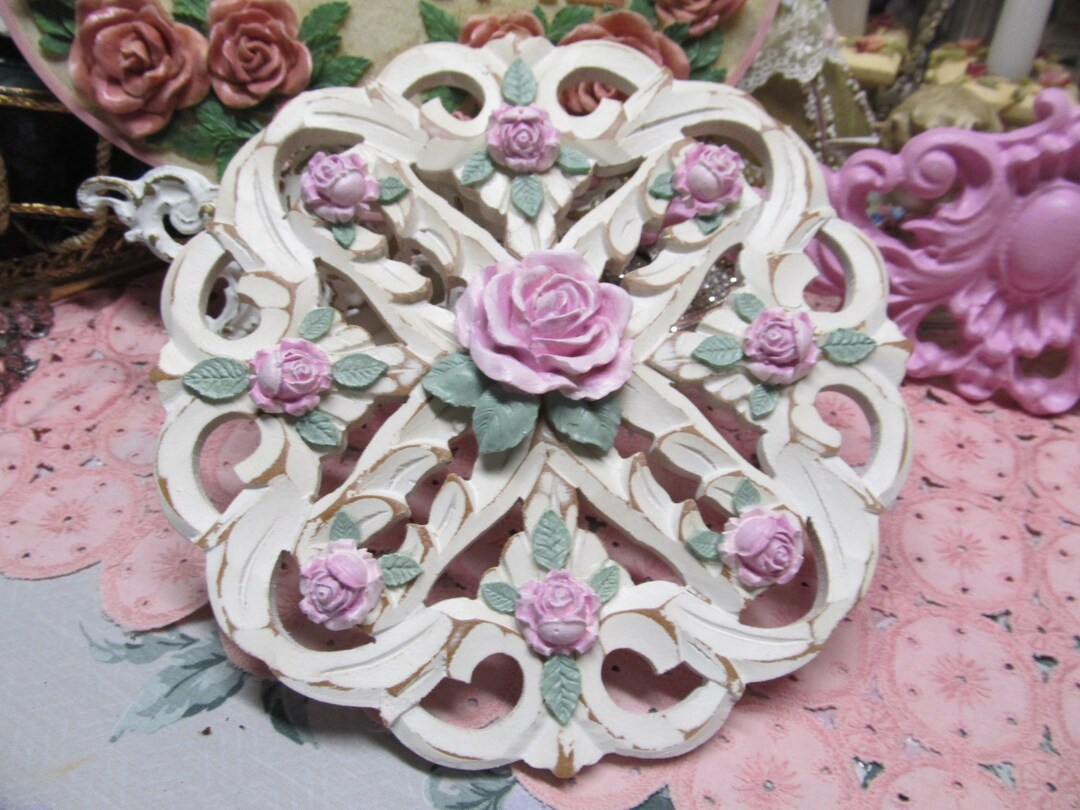 White Round WALL DECOR, Added Pink Roses, Wood, Distressed, Shabby Chic ...