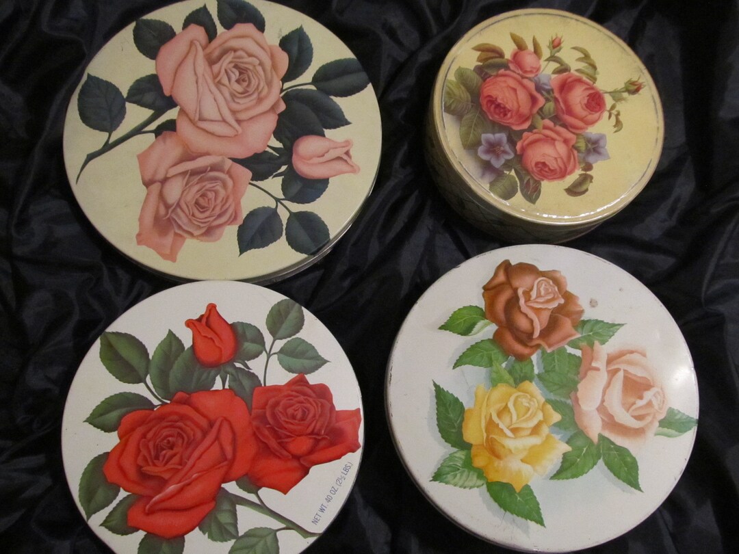 4 Vintage Rose Metal TINS, All Round, All Sizes, Storage, Shabby Chic ...